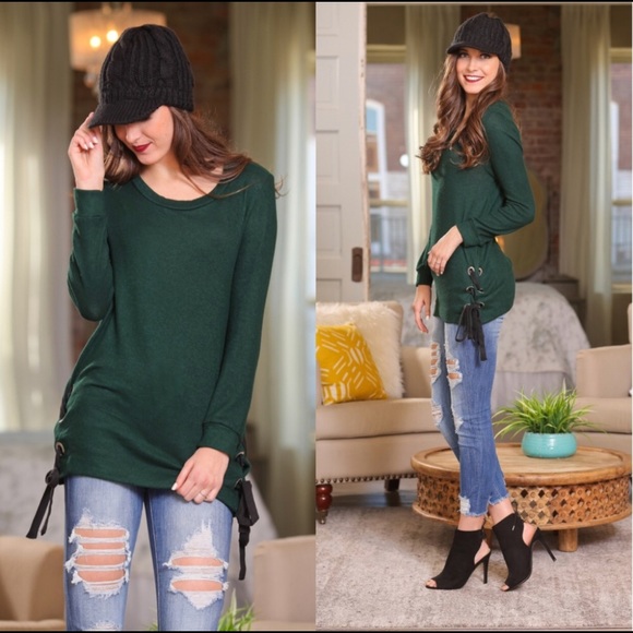 Infinity Raine | Tops | Forest Green Hacci Lace Up Tunic | Poshmark